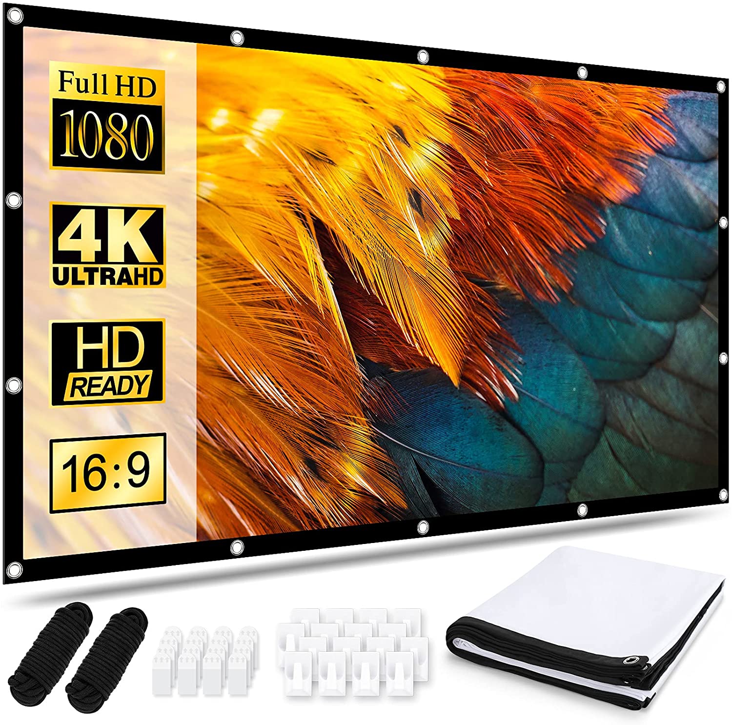 Projector Screen 120 Inch, Portable Movie Screen 16:9 HD 4K